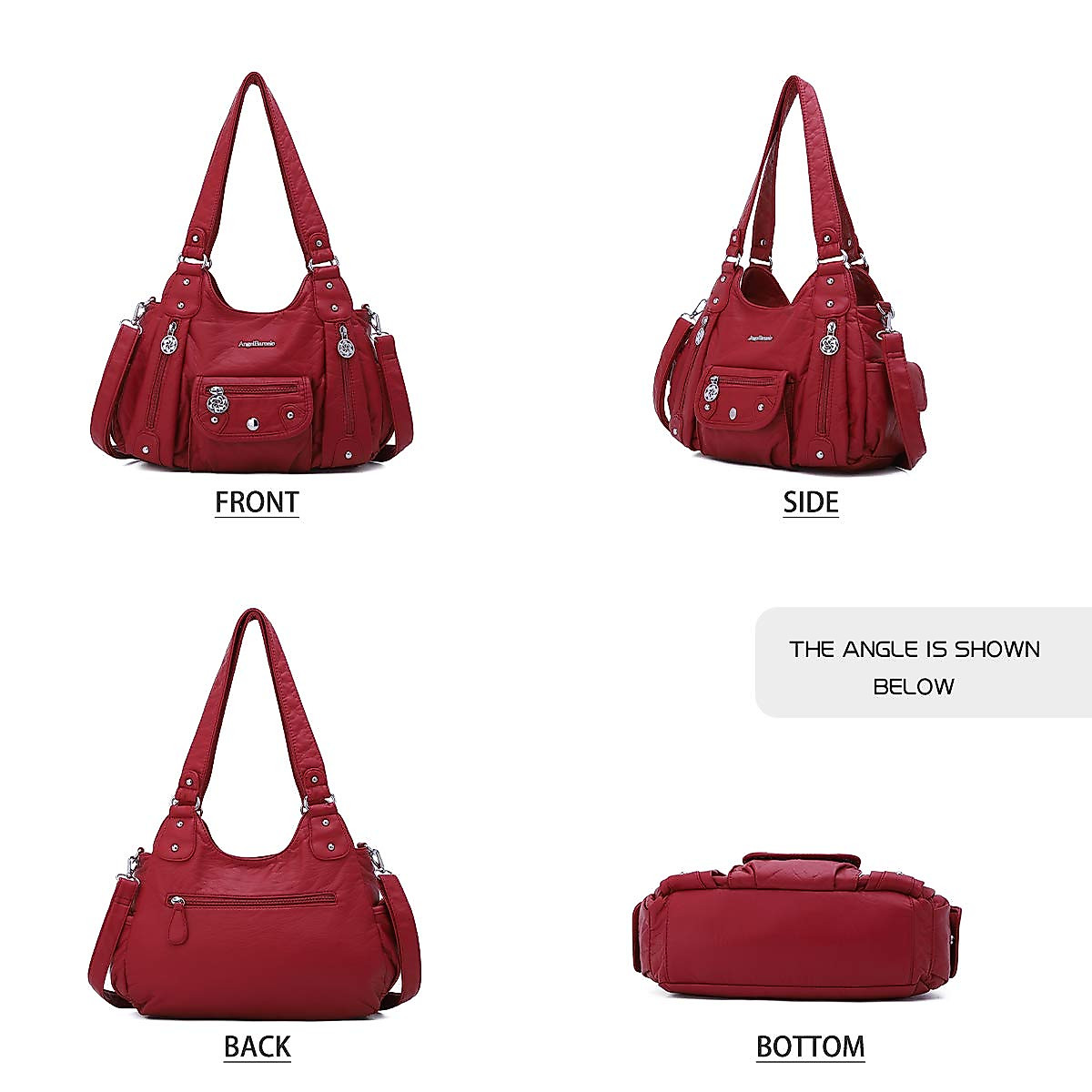 Angel Barcelo Roomy Fashion Hobo Womens Handbags Ladies Purse Satchel Shoulder Bags Tote Washed Leather Bag Red