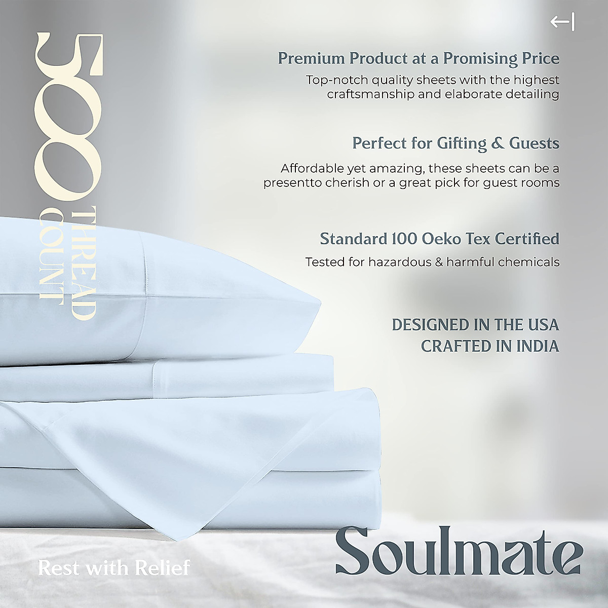 Mayfair Linen 100% Cotton Sheets for Queen Size Bed - Luxury 500 Thread Count Queen Sheet Set, 4 PC Sateen Weave Queen Light Blue Cotton Sheets, Ultra Soft, Deep Pocket Cooling Sheets Queen Size