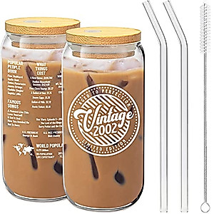 21st Birthday Gifts For Her - Vintage 2002 Soda Can Glass 20oz  w/ Bamboo Lid & Glass Straw Set - Aesthetic 21 Year Old Birthday Gift for Daughter, Sister - 21st Birthday Decorations for Women