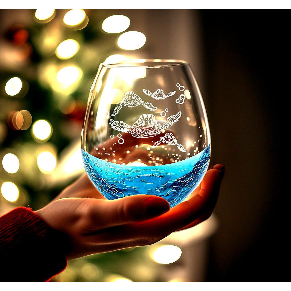 Mothers Day Gifts for Wife, Etched Sea Turtles Family Handmade Engraved Crackle Teal Wine Glass