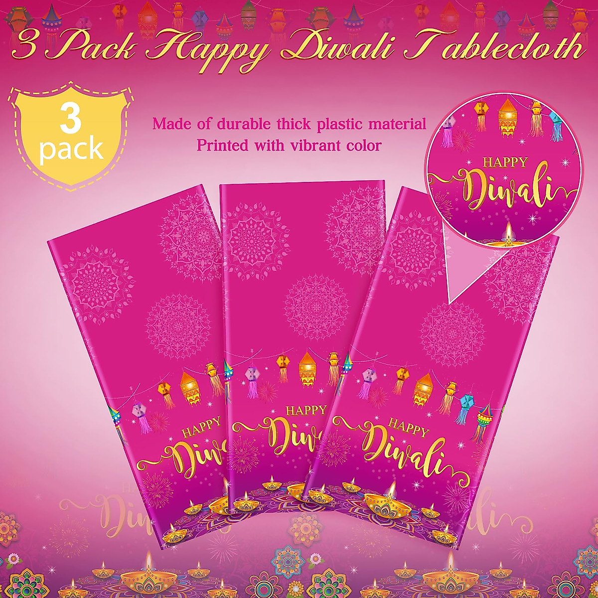 3 Pack Happy Diwali Disposable Tablecloth, Festival of Lights Plastic Table Cover for Rectangle Tables, Diwali Table Cloth for Indian Diwali Light Celebration Party Supplies Decorations, 54×108 Inch