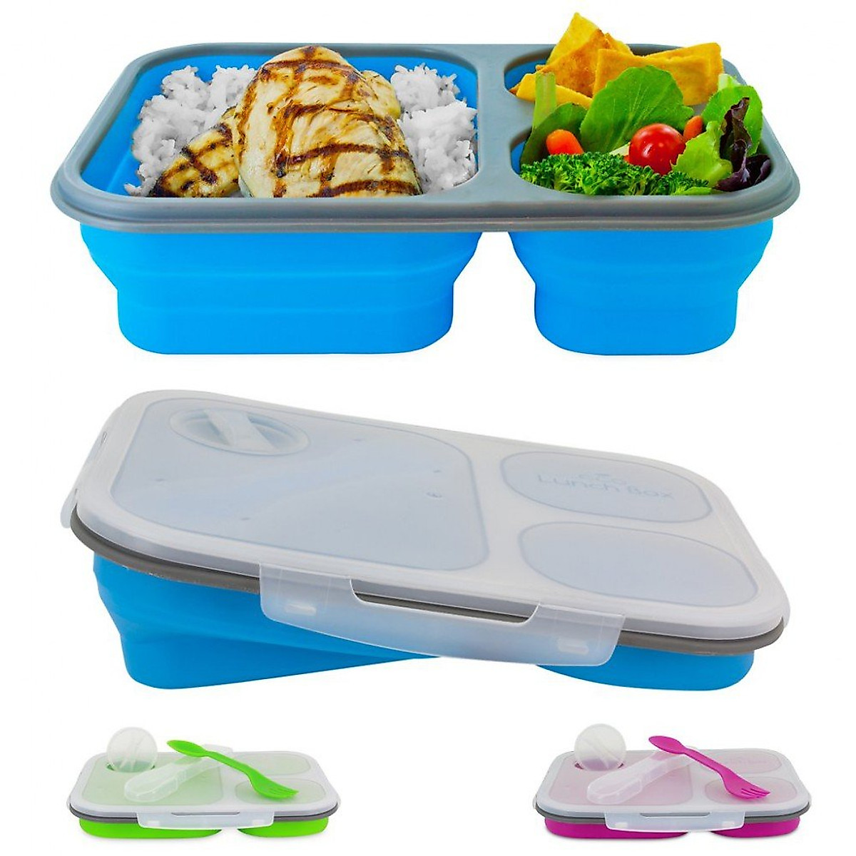 Smart Planet EC-34 Large 3-Compartment Eco Silicone Collapsible Meak Kit Lunch Box, Green