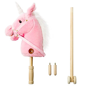 HollyHOME Plush Unicorn Stick Horse with Wood Wheels Real Pony Neighing and Galloping Sounds Plush Toy Pink 37 Inches(AA Batteries Required)