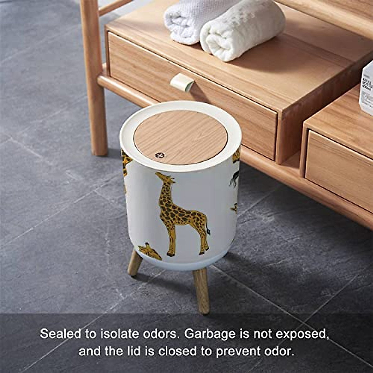 Trash Can with Lid Seamless Giraffe African Animal Nursery Print Wrapping Paper Press Cover Small Garbage Bin Round with Wooden Legs Waste Basket for Bathroom Kitchen Bedroom 7L/1.8 Gallon