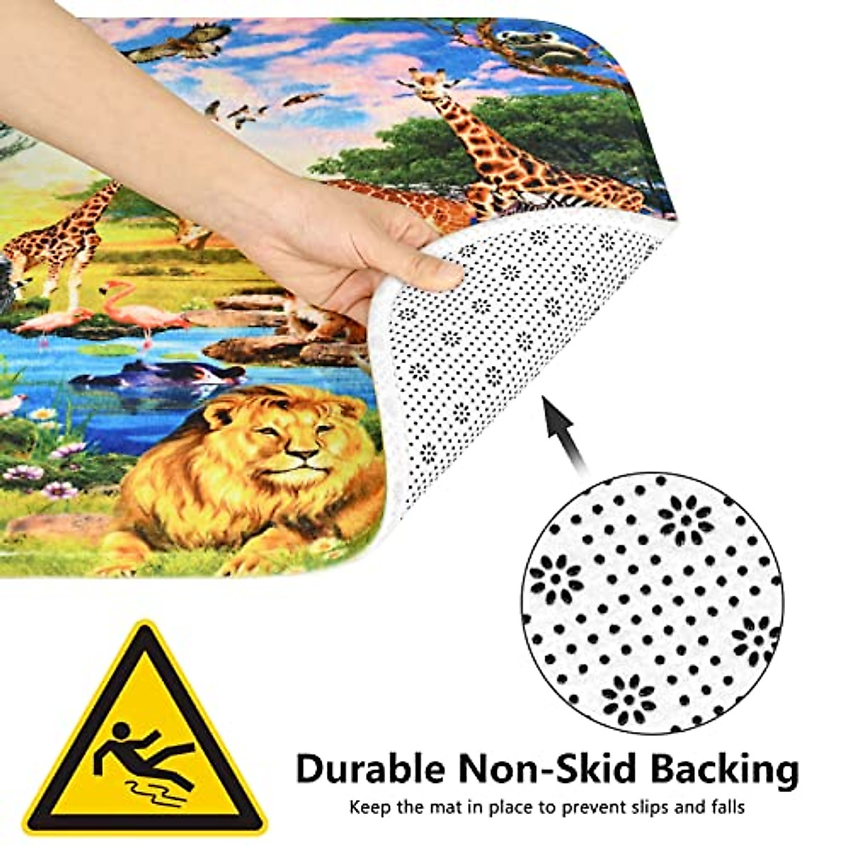 Funny Wild Animal Shower Curtain Sets with Memory Foam Bath Mat, Non-Slip Bath Rugs and Toilet Lid Cover, Kids Jungle Nature Shower Curtains for Bathroom with Hooks, Lion Tiger Elephant Bathroom Set