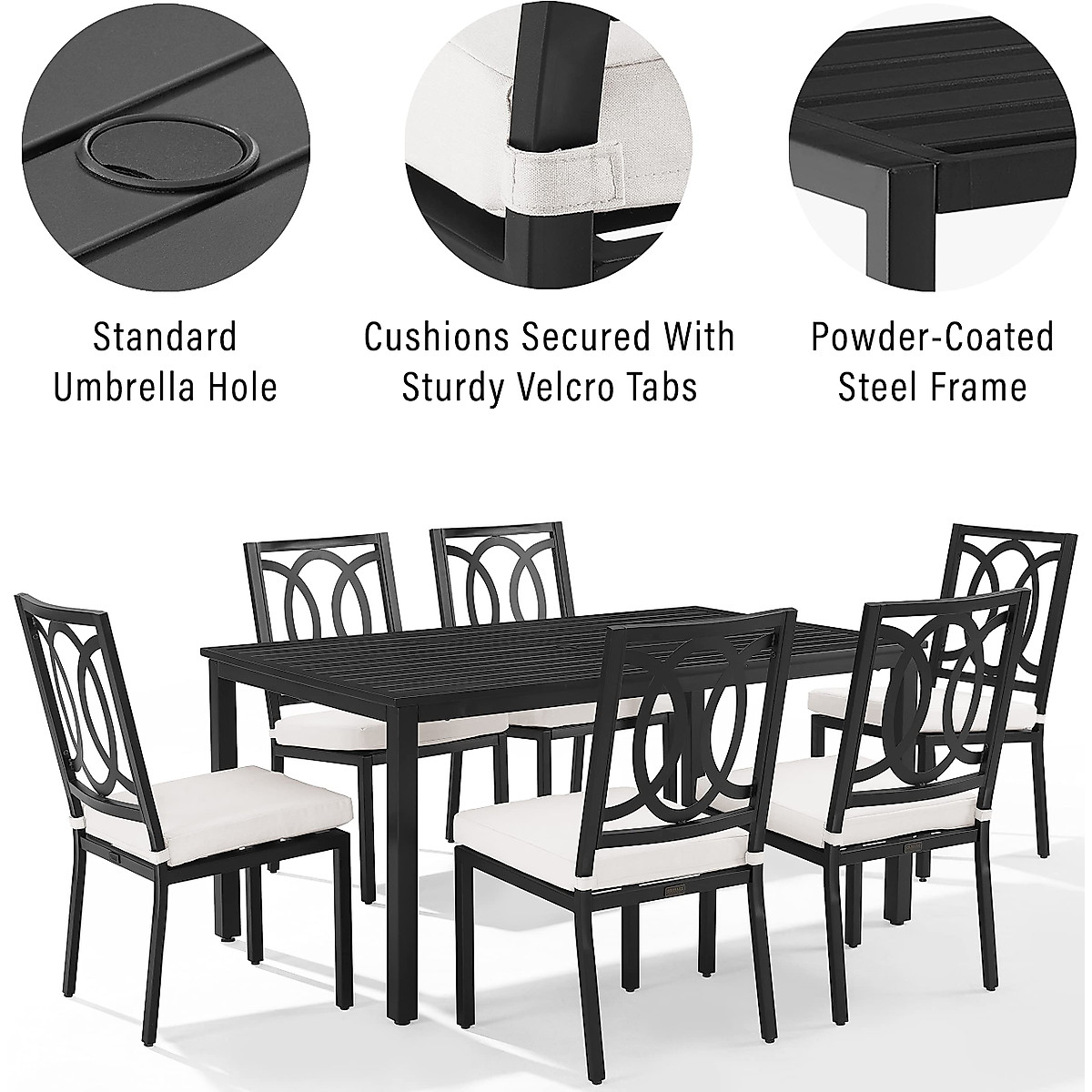 Crosley Furniture Chambers 7-Piece Outdoor Dining Set for 6, Patio Table and Chairs for Backyard, Deck, Matte Black with Creme Cushions