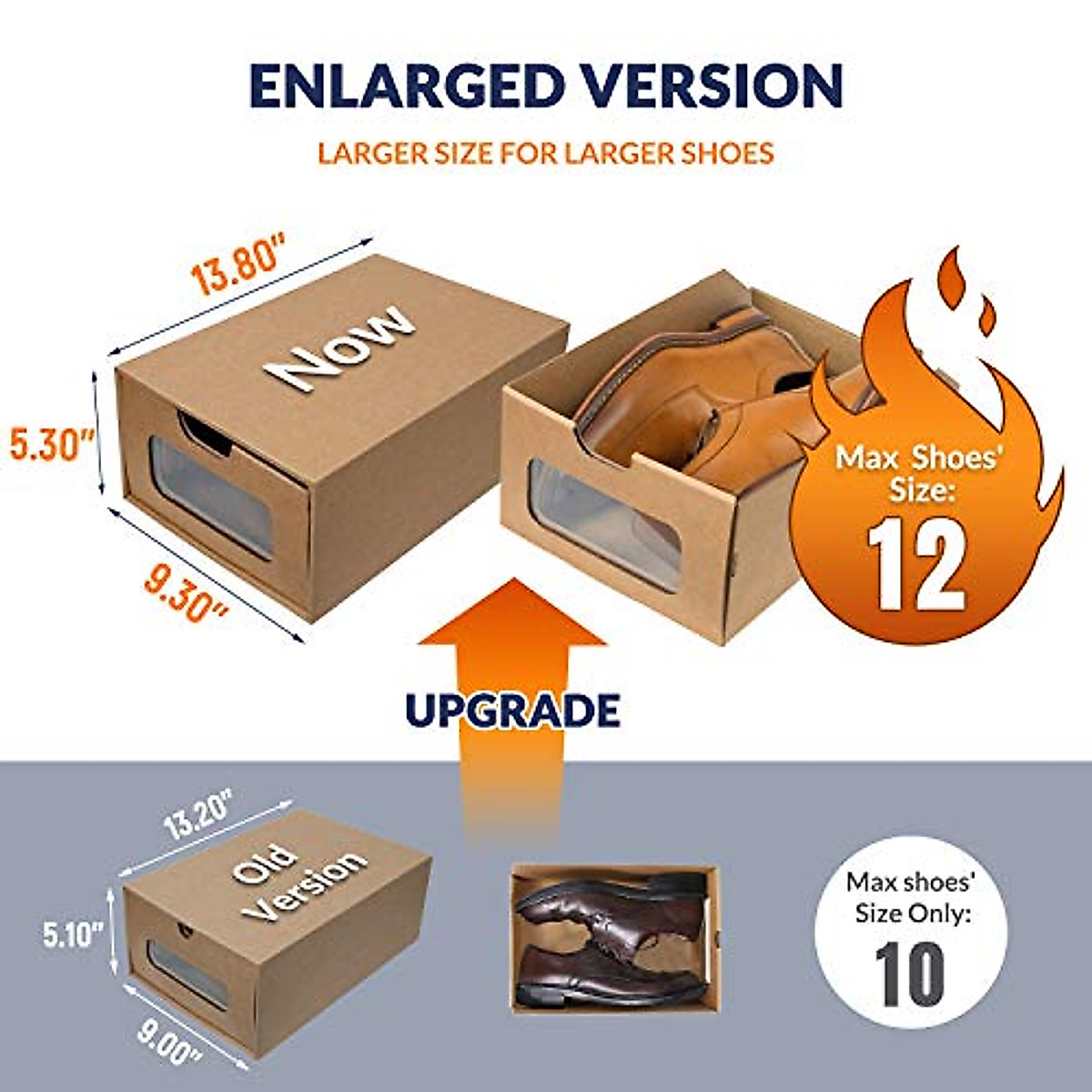 WALL QMER Shoes Box, 12 Pack, Big Size(13.8 x 9.3 x 5.3in), Waterproof Cardboard, Heavy Duty, Stackable, Stable Storage Boxes, with Marking Labels, Transparent Window