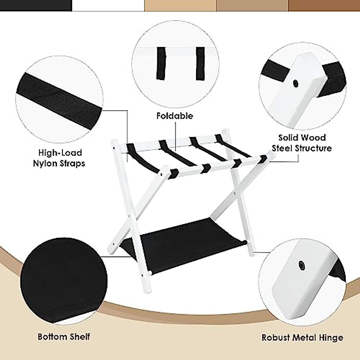 Luggage Rack 4 Pack, Luggage Racks with Heavy Duty Nylon Belts, Folding Space saving Luggage Stand, Wood Suitcase Holder Shelf For Bedroom, Luggage Racks with Nylon Shoe Rack, White