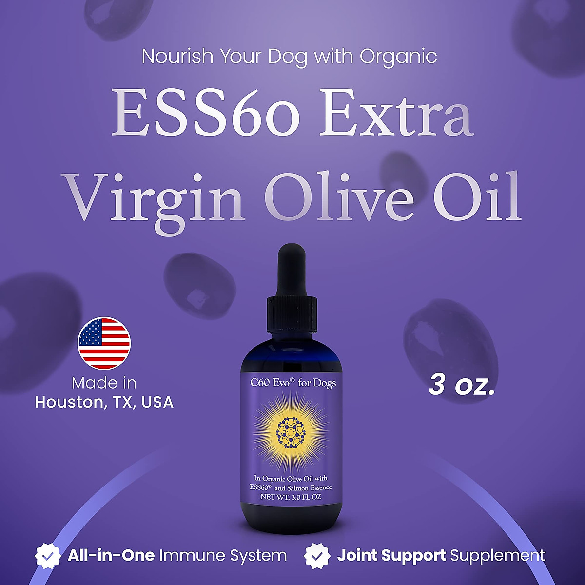 C60 Evo Dog Supplement, Pure ESS60 in Extra Virgin Olive Oil for Dogs, All-in-One Dog Immune Supplement, Dog Joint and Energy Support, Infused with Natural Bacon Essence, 3 oz - C60 Evo