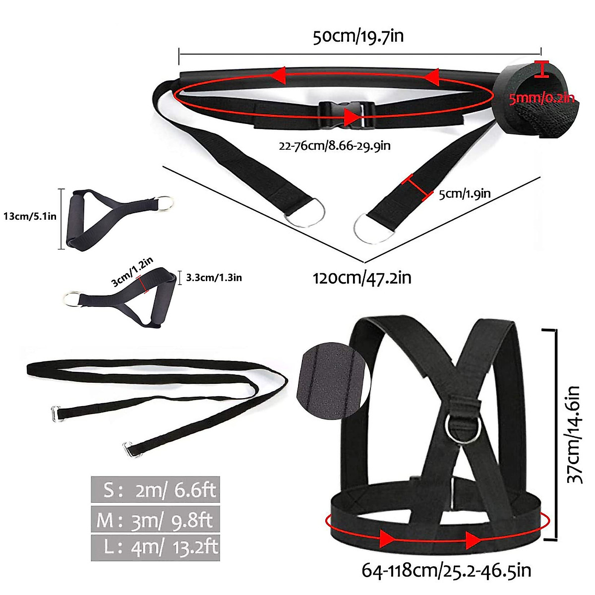 Sunsign Multi-Purpose 5-Pcs 6.6FT Sled Harness Kits Pulling Tires Sleds Parachutes for Sprinting Football Lacrosse Baseball Soccer Power Pulling Resistance Speed Agility Training