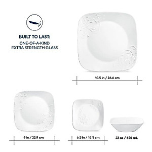 Corelle Cherish 16pc, Service for 4, Dinnerware Set, 8 plates 8 bowls, Chip & Break Resistant, Dinner Plates and Dinner Bowls, Corelleware Plates, White