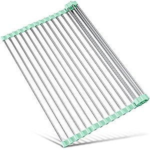 Tomorotec 17.7" x 15.5" Roll Up Foldable Dish Drying Rack, Rollable Dish Racks Multipurpose Anti-Corrosion 304 Stainless Steel Over Sink Kitchen Drainer Rack for Cups Fruits Vegetables (Green)