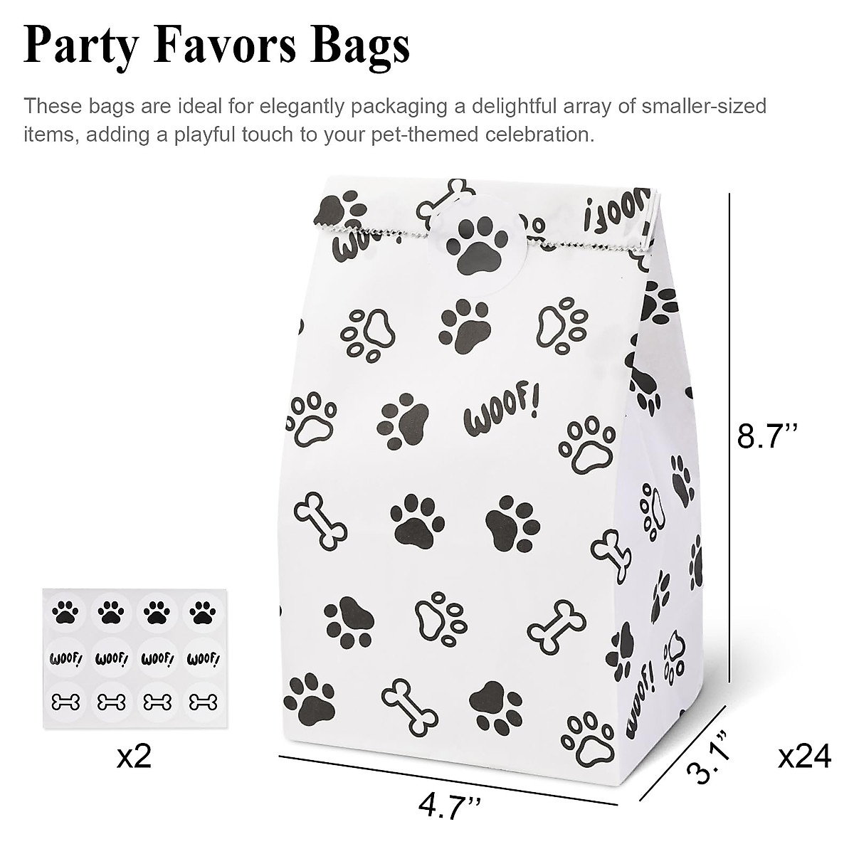 JOHOUSE Dog Paw Print Gift Paper Bags, 24PCS Paw Print Treat Bags Black White Paw Goodie Bags for Birthday Party Baby Shower Holiday Celebration 4.7"x 3.1"x 8.7"