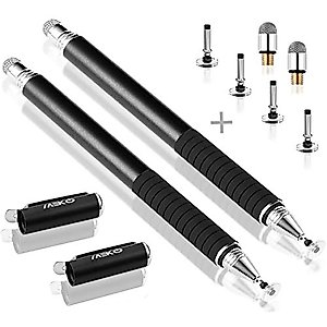MEKO(TM) [2 in 1 Precision Series] Disc Stylus/Styli (2 Pcs) Bundle with 4 Replaceable Disc Tips, 2 Replaceable Fiber Tips (Black/Black)