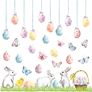Happy Easter Wall Stickers Easter Egg Wall Decals Easter Bunny Wall Decals Peel and Stick Rabbit Wall Stickers Bunnies Colorful Butterfly Wall Stickers Removable Easter Window Stickers Decorations