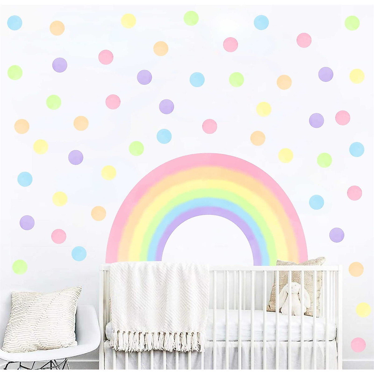 Colorful Rainbow Wall Decals Large Rainbow Wall Stickers Circle Polka Dots Wall Stickers Watercolor Rainbow Wall Decals for Girls Bedroom Nursery Kids Room