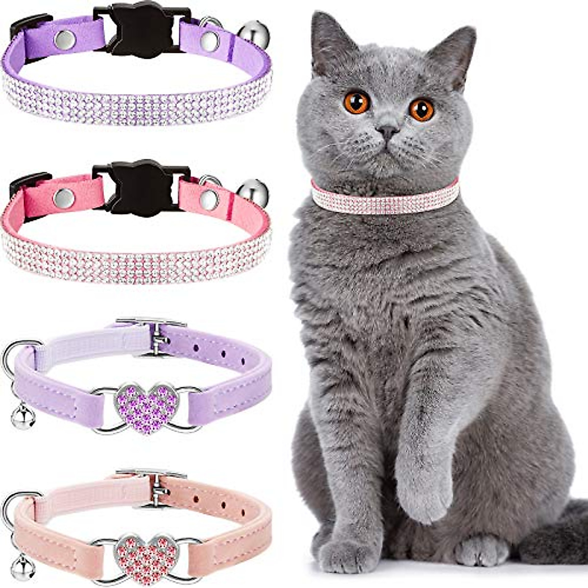 4 Pieces Rhinestone Cat Collar Heart Bling Breakaway Cat Collar Valentine's Day Cat Collar Soft Velvet Collar with Rhinestone Love Heart Adjustable Safety Cat Collar with Bell for Kitty (Pink, Purple)