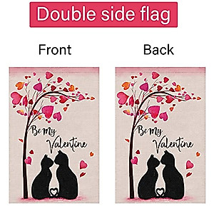 Happy Valentine's Day Garden Flag 12x18 Double Sided Vertical, Burlap Small Be My Valentines Black Cat Couple Heart Yard Flag Banner Sign for Wedding Valentines House Outdoor Decoration (ONLY FLAG)