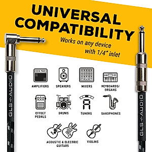 GLS Audio Instrument Cable - Amp Cord for Bass & Electric Guitar - Straight to Right Angle 1/4 Inch Instrument Cable - Black/Grey Braided Tweed, 10ft