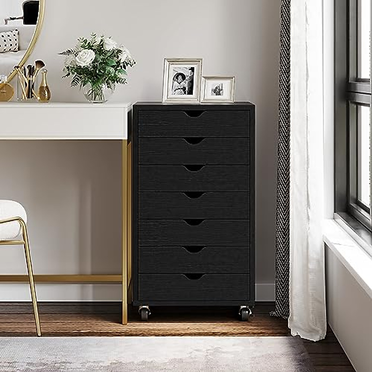 YITAHOME 7 Drawer Chest, Mobile File Cabinet with Wheels, Home Office Storage Dresser Cabinet, Black