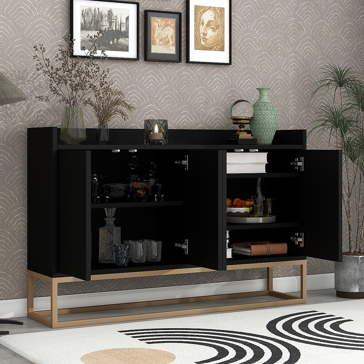 LUMISOL Modern Wood Kitchen Storage Sideboard Buffet Cabinet Console Table with Doors Wood Coffee Bar Cabinet with Shelves and Metal Base