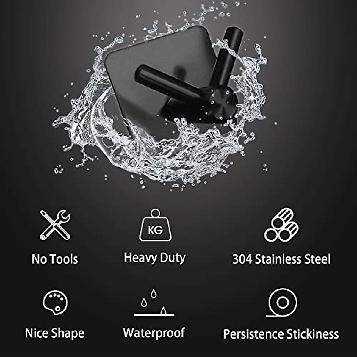 Shengsite Adhesive Hooks, 6 Pack Wall Mounted SUS 304 Bath Towel Hooks, Matte Black Heavy Duty Wall Coat Hooks for Bathroom Bedroom Kitchen Hotel Pool(6 Pack, Matte Black)