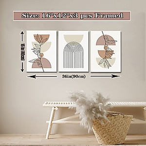 Modern Boho Wall Art Set of 3 - Abstract Geometric Line Leaf Beige Botanical Canvas Paintings Prints Wall Decor, Minimalist Wall Art for Living Room, Bedroom, Office - Framed 12x16 in