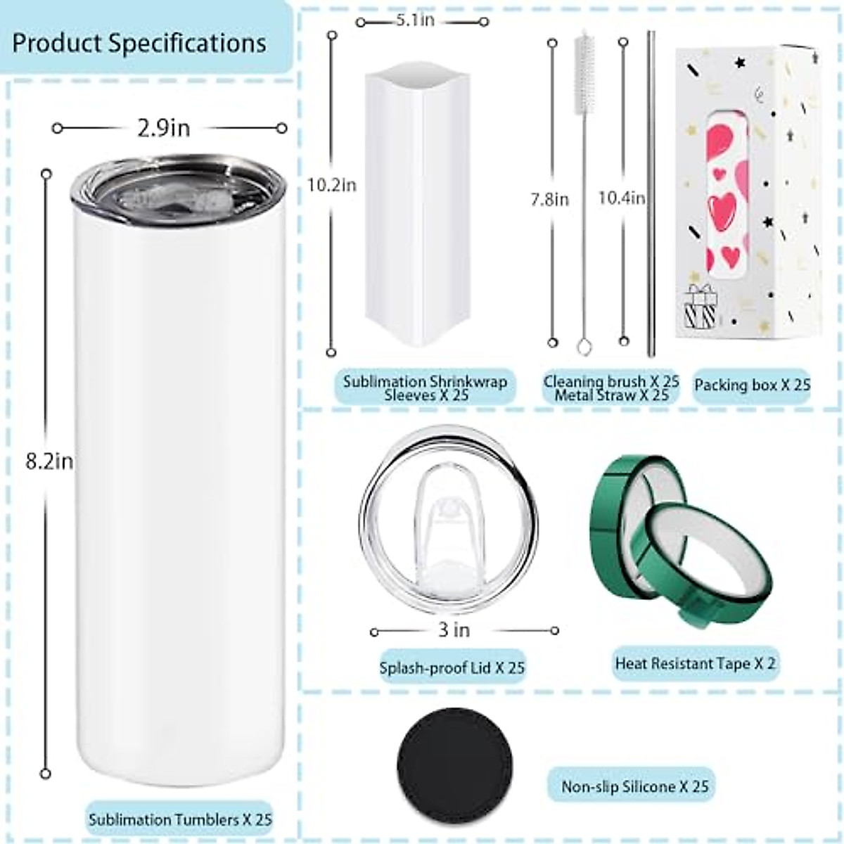 25 Pack 20 oz Sublimation Tumblers,Straight Skinny Stainless Steel Double Wall Insulated Cups for Heat Transfer with Silicone Band, Heat Resistant Tape,Shrink Wrap Films and Individually Boxed