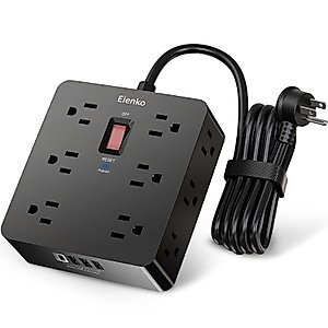 Surge Protector Power Strip - Eienko 6 Ft Extension Cord with 12 Widely Outlets, 3 Side Outlet Extender with 4 USB Ports, Flat Plug, Wall Mount, Desk USB Charging Station, ETL,Black