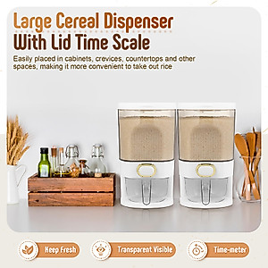 Singhoow 2 Pcs 11lbs Rice Storage Container Large Rice Dispenser with Time Scale Cereal Dry Food Dispenser Rice Holder with Rice Washing Spoon and Cleaning Brush for Kitchen, Clear and Ivory White