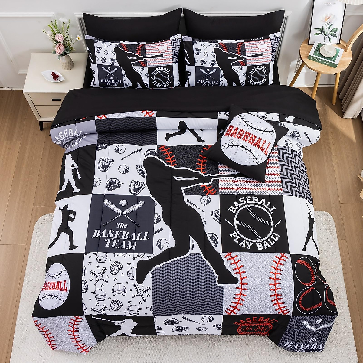 A Nice Night Sports Geometric Grid Black Patchwork Baseball Printed for Boys Twin 6Pcs Bed in A Bag Comforter Bedding Set,Black