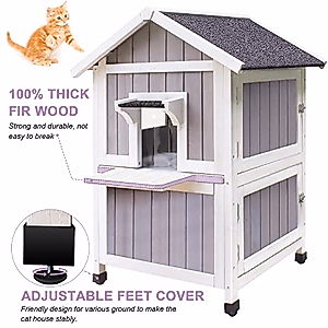 HiCaptain Outdoor Cat House, Wooden Feral Cat Shelter Weatherproof Outside 2 Story Large Kitty House with Escape Door