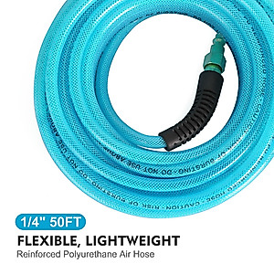 FYPower Air Compressor Hose 1/4 Inch x 50 Feet Reinforced Polyurethane (PU) Air Hose with Fittings, Bend Restrictors, 1/4" Industrial Quick Coupler and Plug Kit, Blue