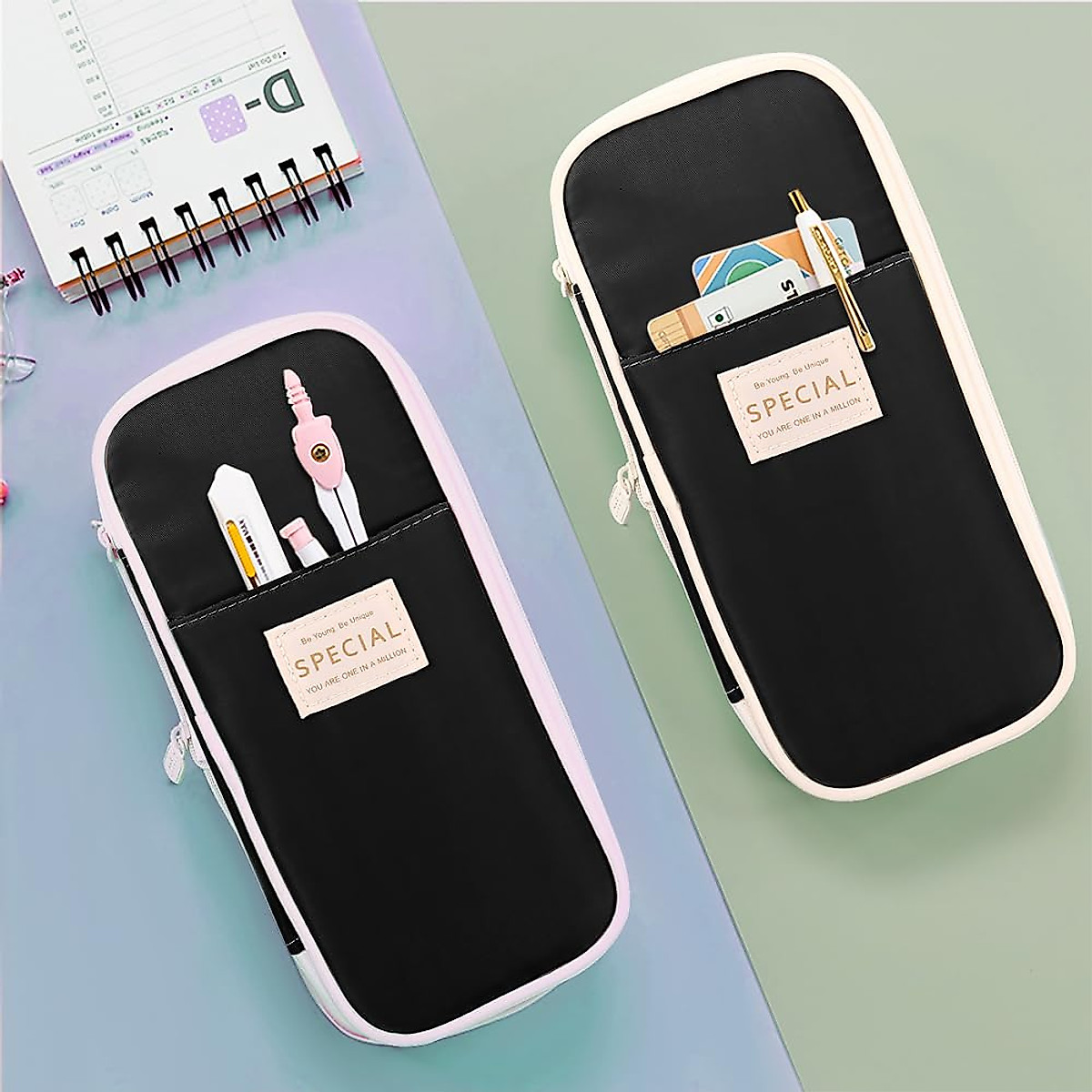 MAMUNU Expandable Pencil case with compartments, Large Capacity Pencil Cases Pencil Bag Pouch Office School, Portable Pencil Case Large School Stationery Organizer, Makeup Cosmetic Bag (Black)