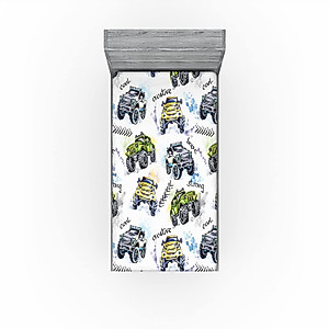 Ambesonne Cars Fitted Sheet Set, Hand Drawn Watercolored Monster Trucks Enormous Wheels Off Road Lifestyle, Bed Cover with All-Round Elastic Deep Pocket 2 Pcs, Twin Size, Yellow Lavender Blue