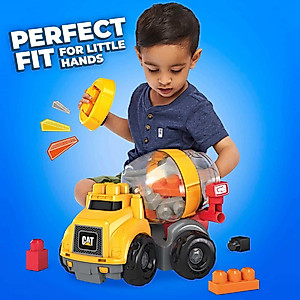 Mega BLOKS Cat Toddler Blocks Building Toy Set, Cement Mixer Truck with 9 Pieces and Storage, Yellow, Ages 1+ Years