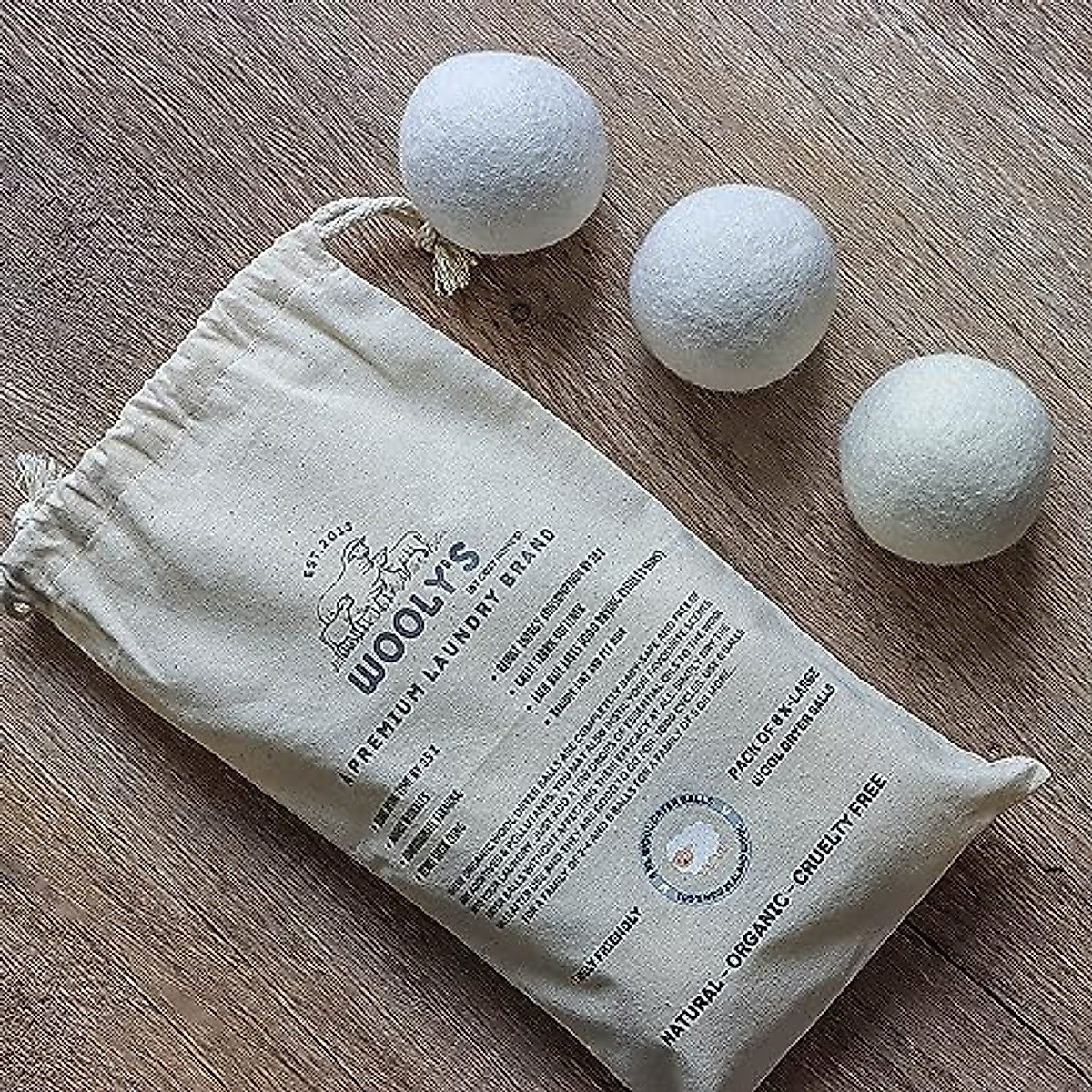 Wooly's Wool Dryer Balls, 8-PACK XL Sized Premium, Natural Fabric Softener, Replaces Dryer Sheets, Reduce Wrinkles & Static Cling, 30% Less Drying Time, Less Energy, Baby-safe. Balls for Laundry Dryer