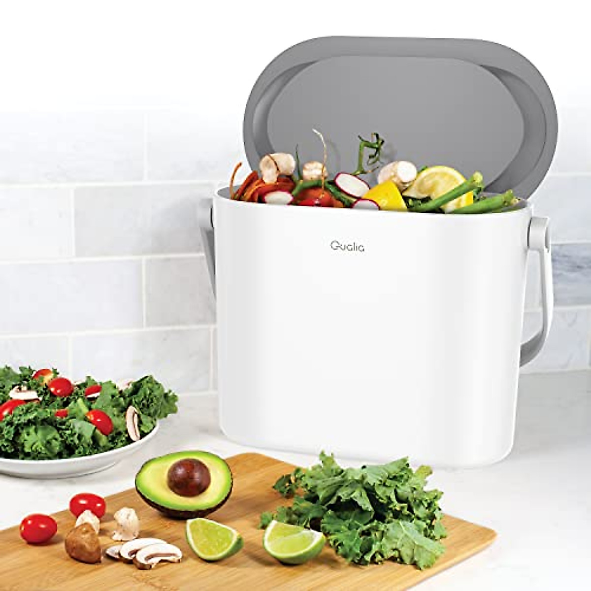QUALIAZERO Multi-Purpose Countertop Compost Bin | 4L / 1 Gal ABS Plastic Slim Shape | Trash Can with Gray Lid | (4L / 1 Gal, Gray)