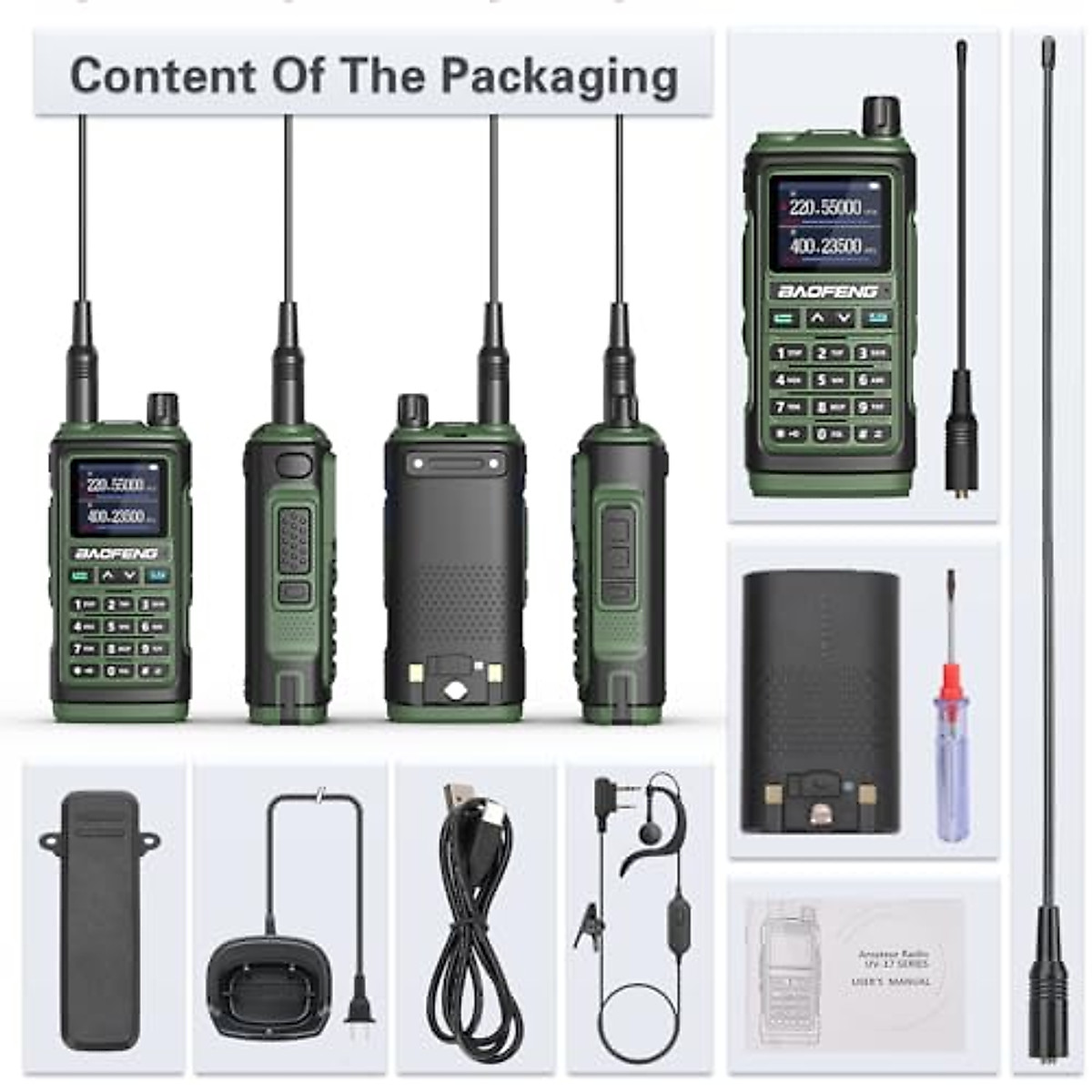 BAOFENG UV-17R Ham Radio Upgrade of baofeng uv-5r Two Way Radio Long Range Dual Band USB Charger 999 Channels Hand Free VOX Walkie Talkies for Adults with 771 Antenna Earpiece Flashlight Battery