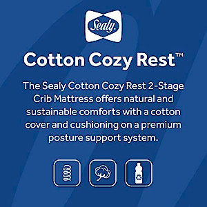 Sealy Baby Cotton Cozy Rest Breathable 2 Stage Waterproof Crib Mattress plus Toddler Bed Fit, 204 Coils & Soft Coton Cover, GREENGUARD Gold Certified, Safety & Quality Tested, Made in USA, 52'X28'