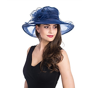 Lucky Leaf Women Church Cap Wide Brim Summer Sun Hat for Party Wedding(Hat1-2-Peacock Blue New)