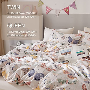 Ivellow Twin Duvet Cover Kids 100% Cotton Butterfly White for Cute Bedding Set 3Pcs Ultra Soft Breathable Patterned Cartoon Comforter Boys Girls Toddler Teen