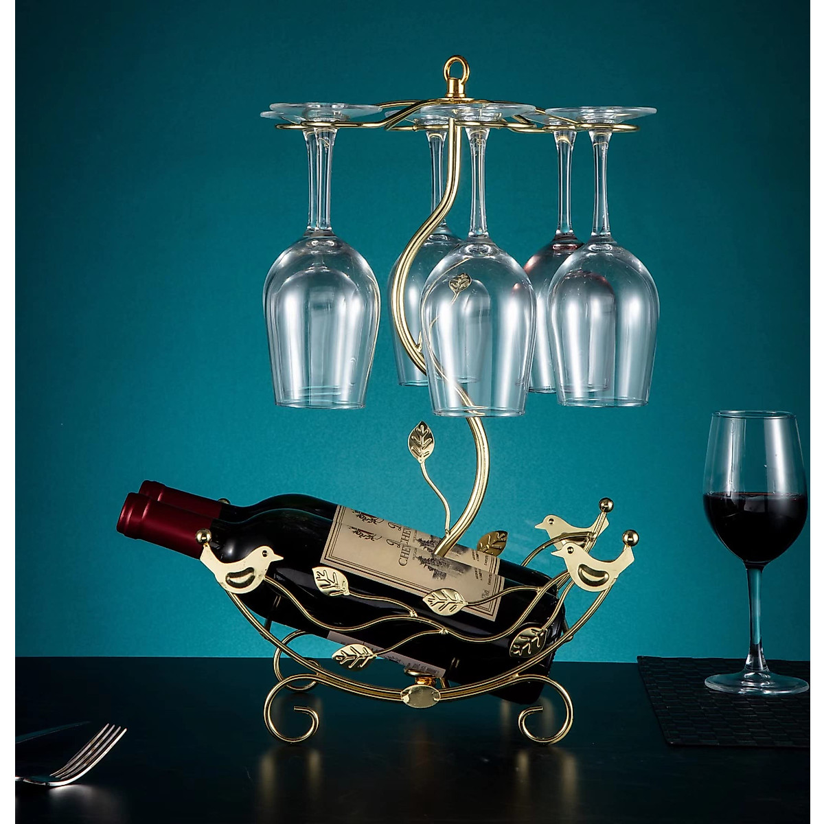 CicodonaGift Wine Rack and Wine Glass Holder-Hold 2 Wine Bottles and 6 Glasses-Perfect for Home Kitchen Decor & Kitchen Storage Rack