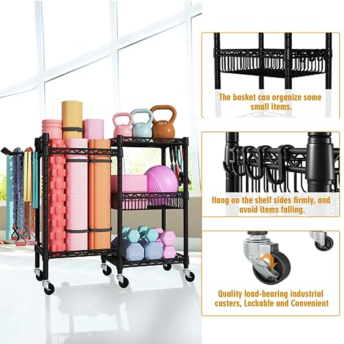 FUTASSI Home Gym Storage, Rolling Yoga Mat Storage and Organizer, Sports Equipment Storage Rack for Yoga Mats, Dumbbells, Kettlebells, Foam Rollers, Resistance Bands, 11.8"D x 36"W x 32.5"H, Black