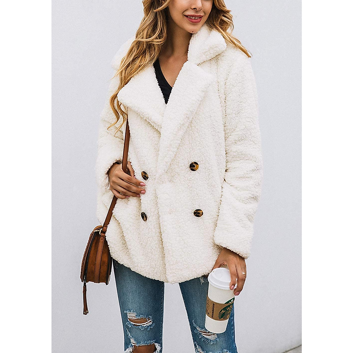 PRETTYGARDEN Women's Fashion Winter Coat Sherpa Fleece Faux Fur Shearling Oversized Trendy Jackets Warm Outerwear (Style Two White,Medium)