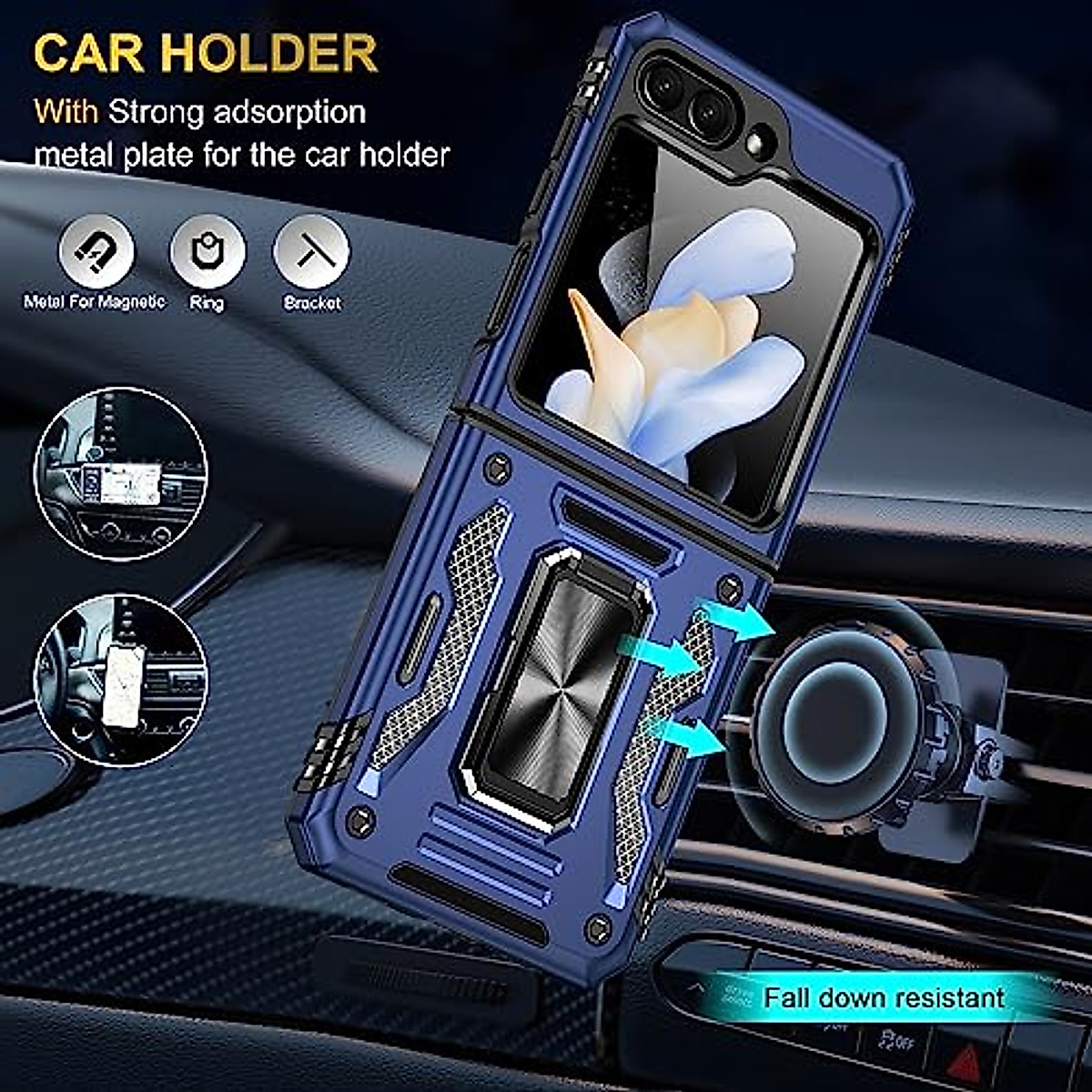 AKABEILA Case for Samsung Galaxy Z Flip 5(5G) Case Cover Soft TPU PC Slim Non-Slip Carbon Fiber Phone Case Rotate Stand Slide Camera Protection Navy Blue