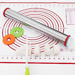 Rolling Pins, Stainless Steel Dough Roller, Rolling Pin and Silicone Baking Pastry Mat Set, Adjustable Rolling Pin with Thickness Rings for Baking Dough, Pizza, Pie, Pastries, Pasta, Cookies(Red)