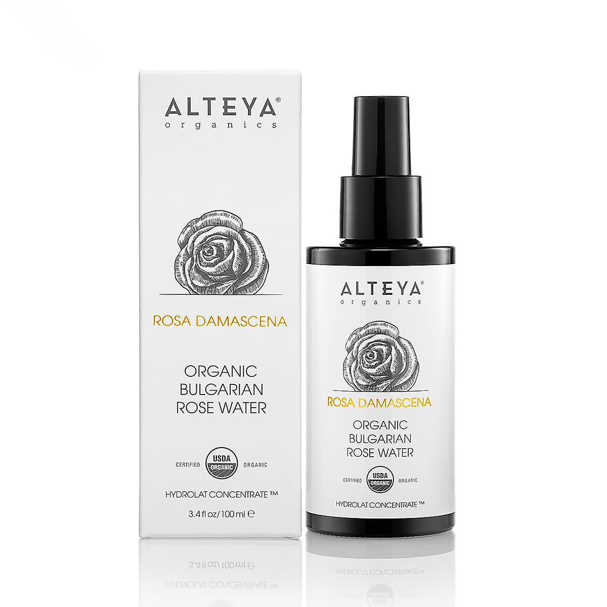 Alteya Organics Rose Water USDA Certified Organic Facial Toner, 3.4 Fl Oz/100mL Pure Bulgarian Rosa Damascena Flower Water, Award-Winning Moisturizer Miron Biophotonic Glass Spray Bottle