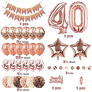 40th Birthday Decorations for Women, Rose Gold Party Supplies Balloon Garland Arch Kit with Happy Birthday Banner Tassels Confetti Balloon Number 40 Birthday Wedding Anniversary for Her