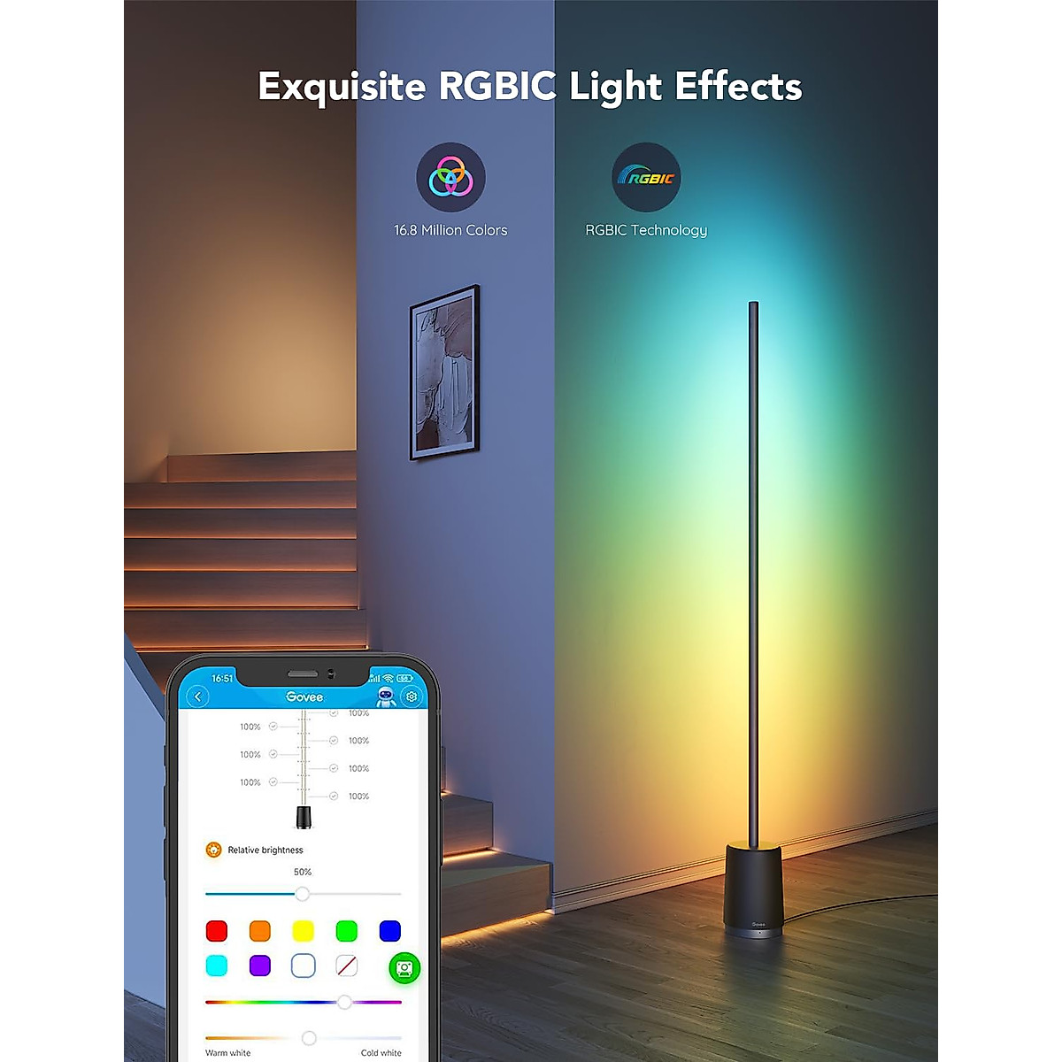 Govee RGBIC Floor Lamp, Modern LED Lyra Corner Lamp with 64+ Scene & Music Modes, 1500 Lumens, DIY Mode, Smart Remote Control Standing Floor Lamp for Bedroom, Living Room, Gaming Room, Black